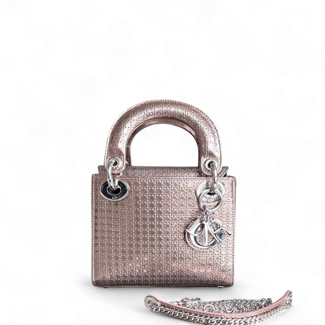 Dior Lady Mini - Calfskin Micro-Cannage Metallic Rose Gold Silver Hard