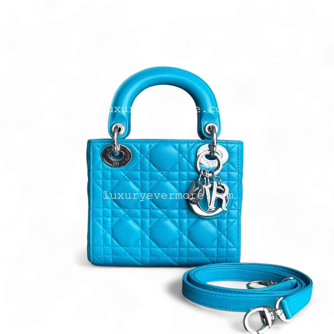 Dior Lady Mini Cannage Lambskin Cyan Blue Silver Hardware - Luxury Handbags