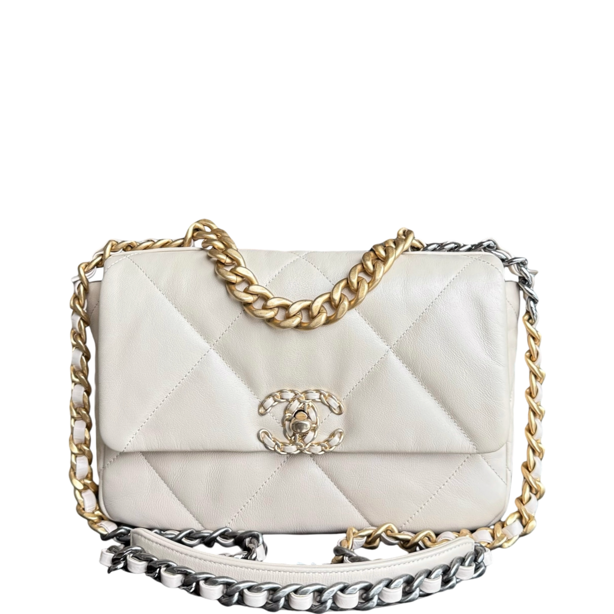 Chanel 19 Bag Small- C19 Quilted Goatskin Light Beige Cream Two-tone H