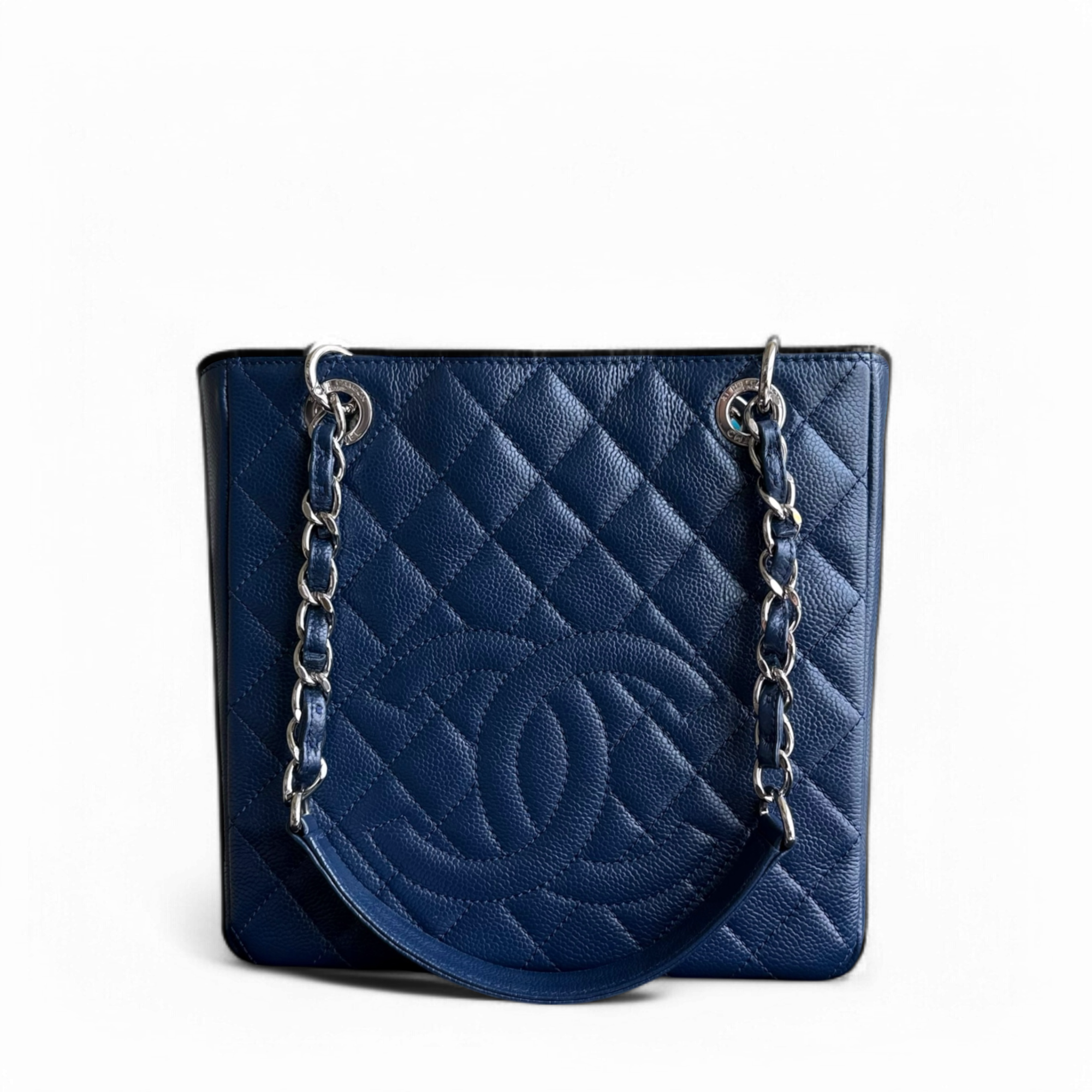 Chanel PST Petite Shopping Tote - Caviar 24CM Quilted Dark Blue Silver