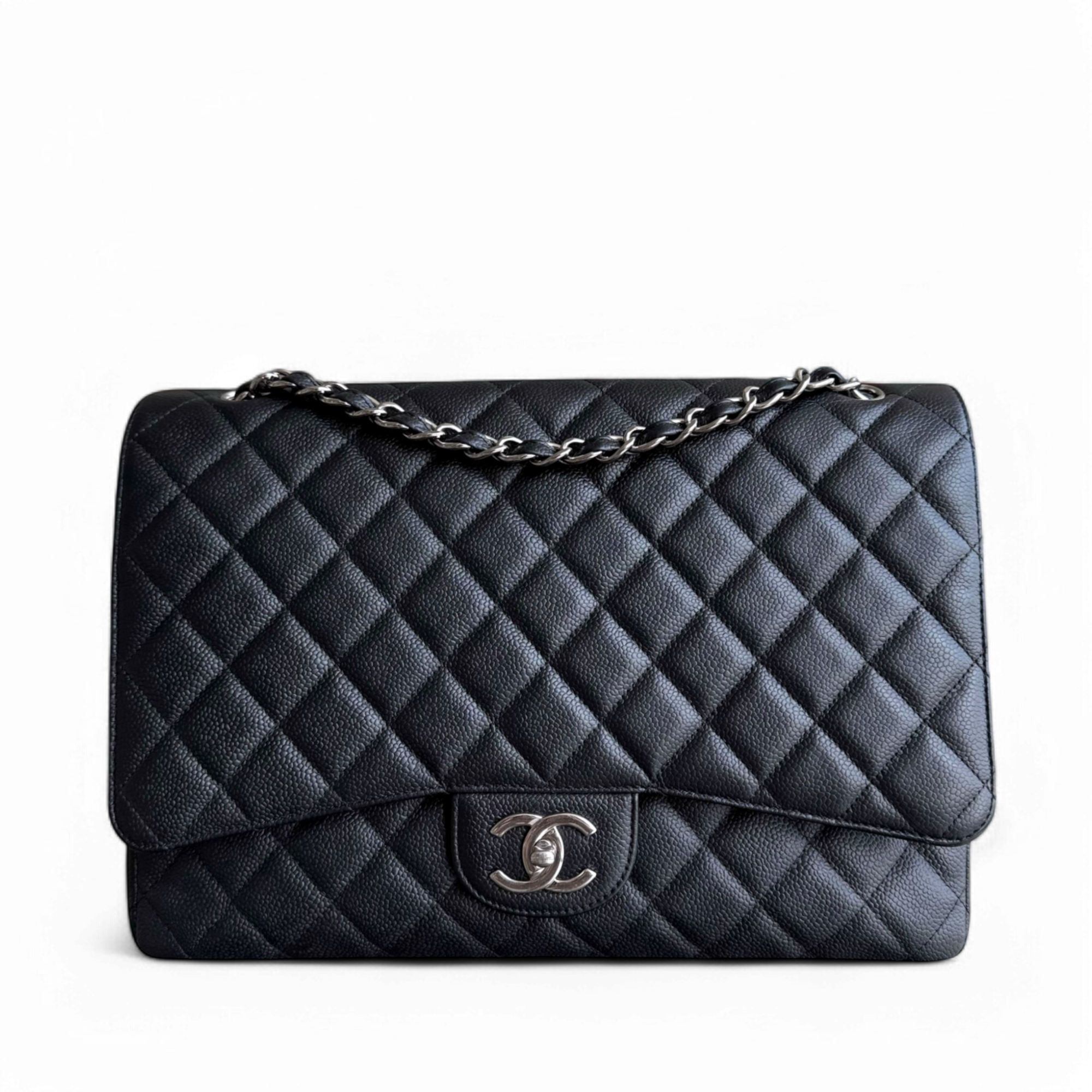 Chanel Classic Flap Maxi - Caviar 33CM Double Flap Black Silver Hardwa
