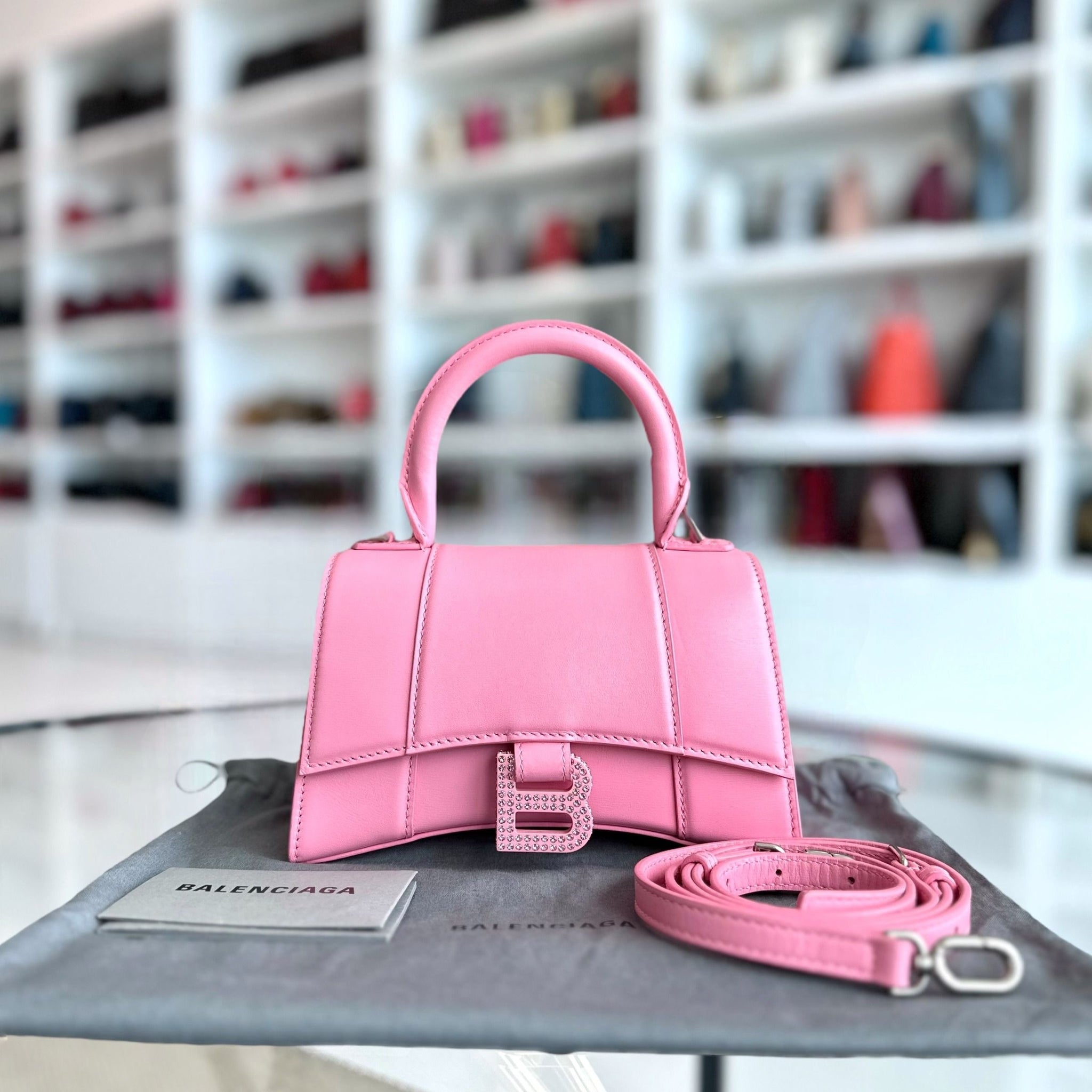 Balenciaga Hourglass XS Pink Smooth Calfskin Pink Dimond Hardware