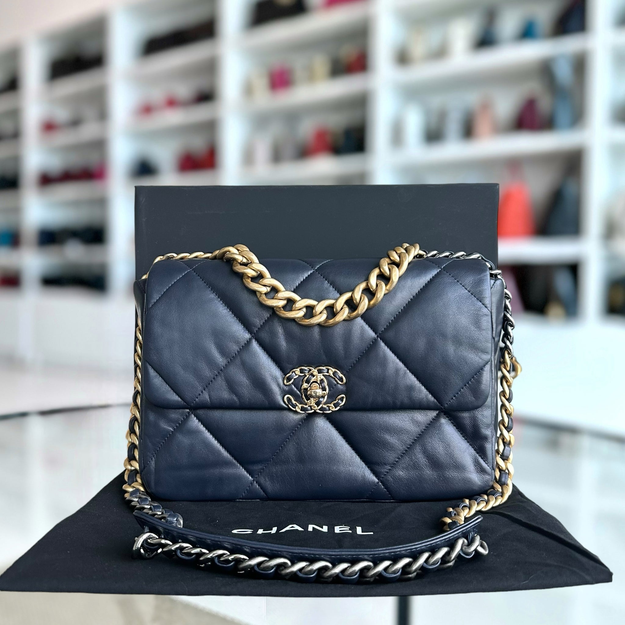 C19 Medium 19 Bag Quilted Goatskin Midnight Dark Blue Two-Tone Golden