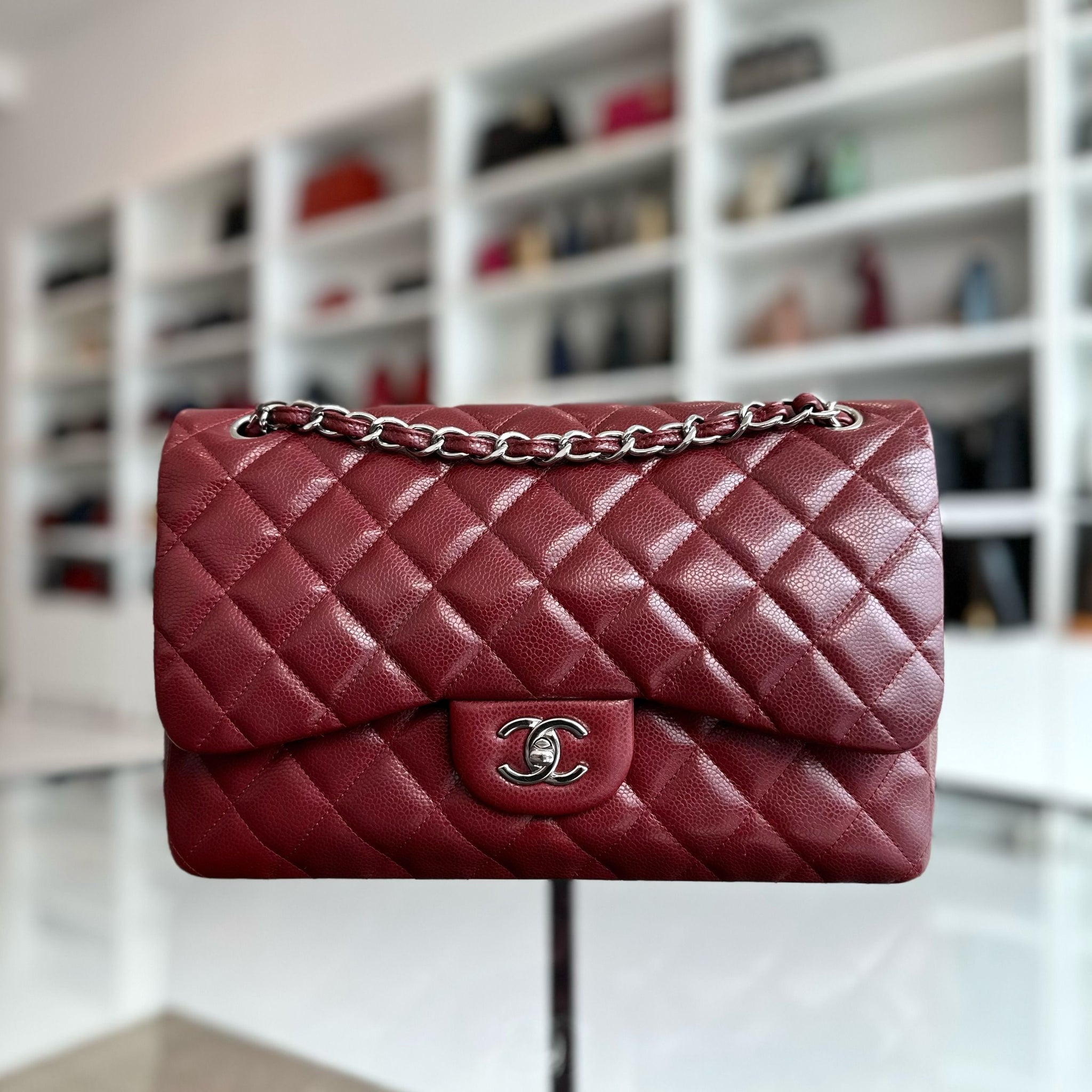 Caviar Jumbo Double Flap Classic Flap 30CM Cross Body Burgundy SHW No