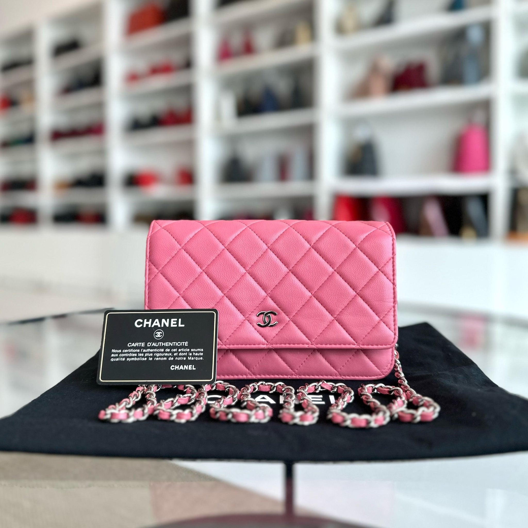 WOC Wallet On Chain Lambskin Quilted Flap Pink SHW No 16