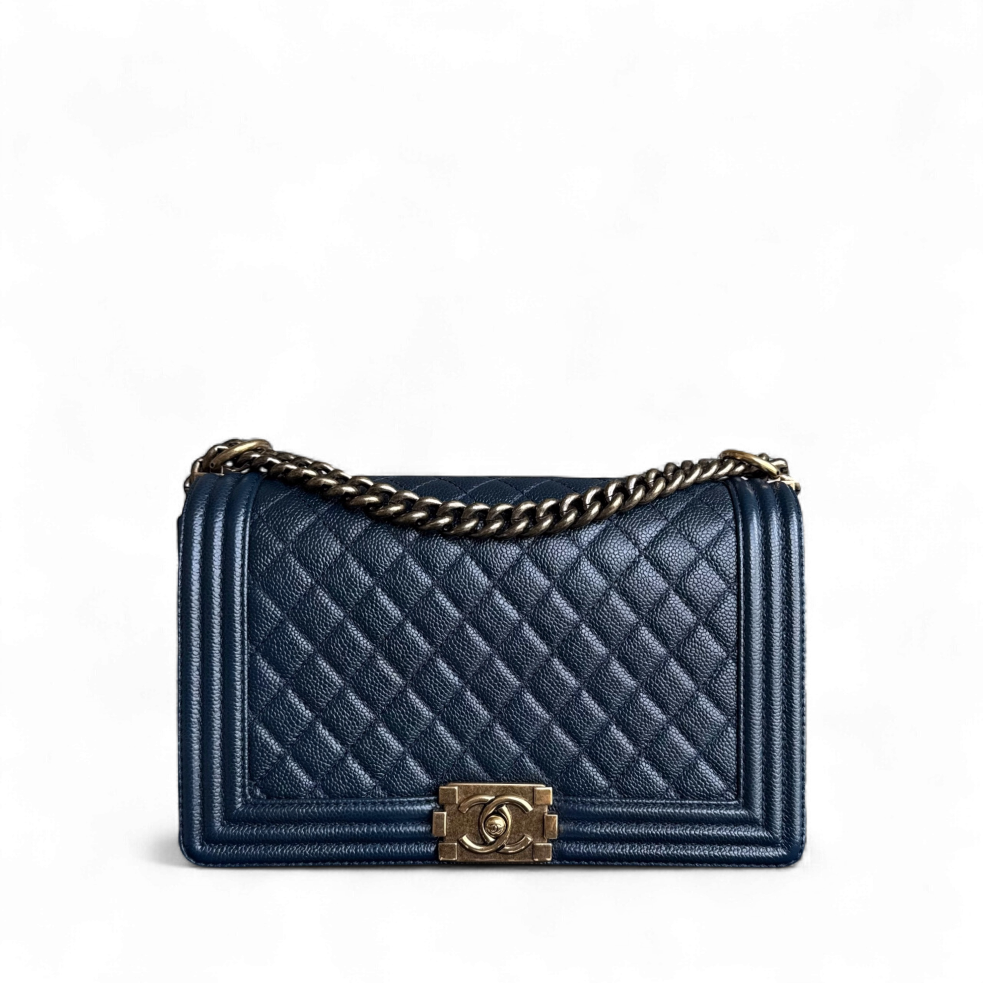 Chanel Boy New Medium - Caviar 28CM Quilted Dark Blue Ruthenium Gold H