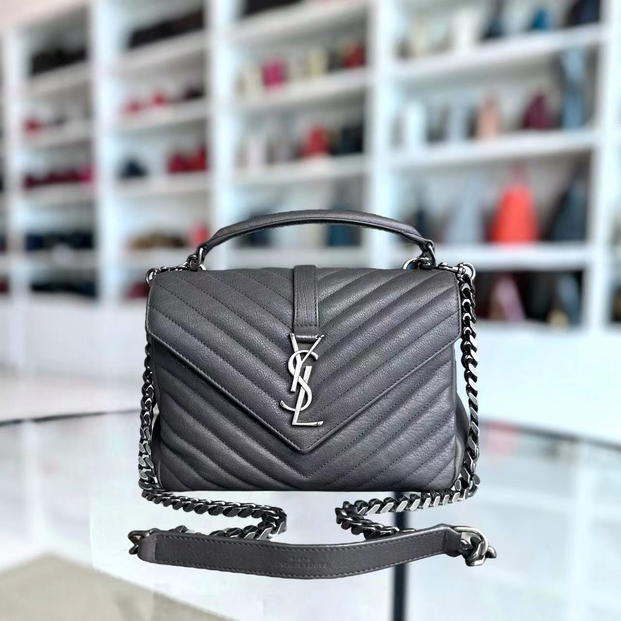 YSL College Medium Chevron Calfskin Grey Gray Leather Bag