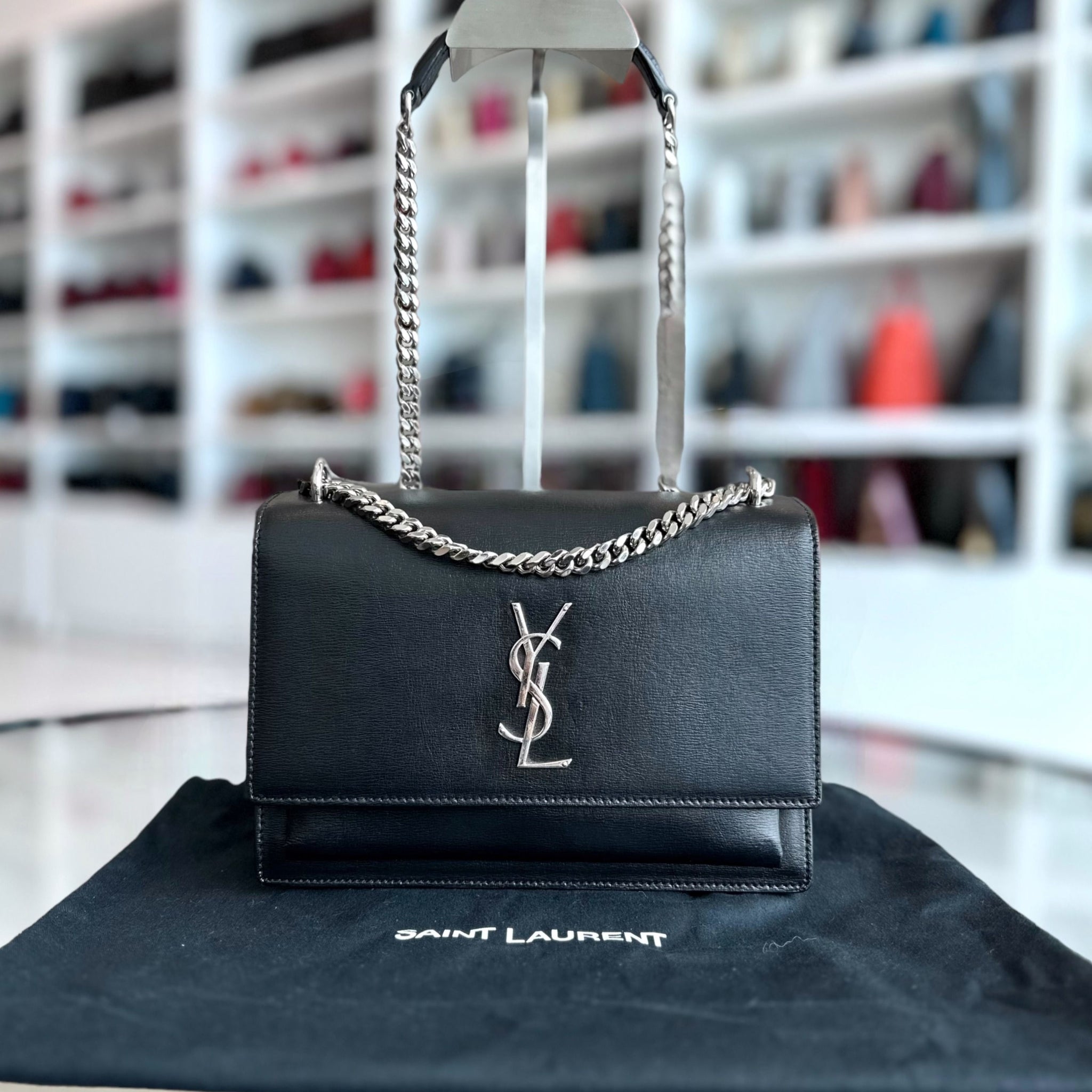 YSL Yves Saint Laurent Sunset Medium Smooth Calfskin Black SHW