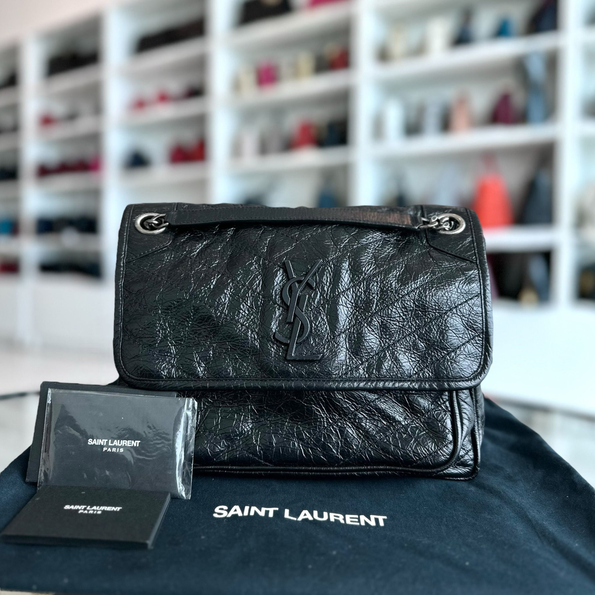 Yves Saint Laurent YSL Niki Medium Mateless Chevron Calfskin Black Sho